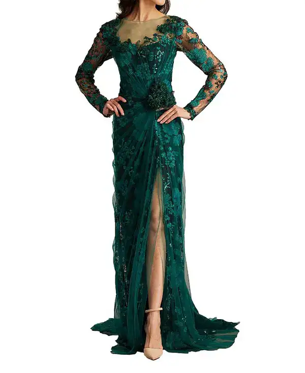 Tadashi Shoji Silvia Embroidered Illusion Gown - Green