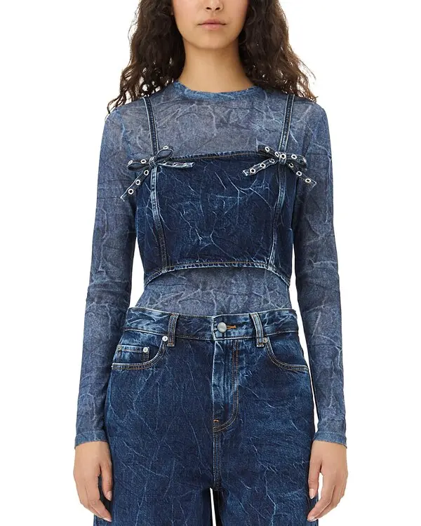 GANNI Crinkled Future Denim Strappy Top - Mid Blue Stone