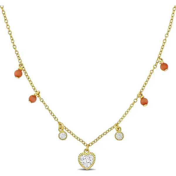 JULIANNA B. Yellow-plated Sterling Silver Lab-created White Sapphire & Coral Bead Heart Necklace - Yellow-plated Silver