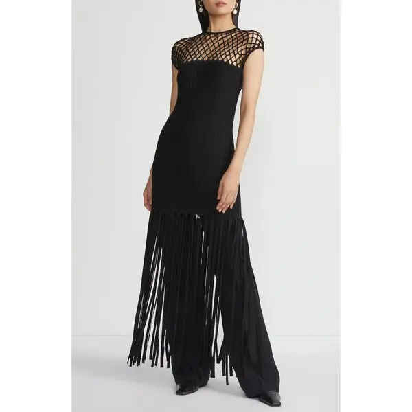 Lafayette 148 New York Macramé Yoke Fringe Hem Knit Dress