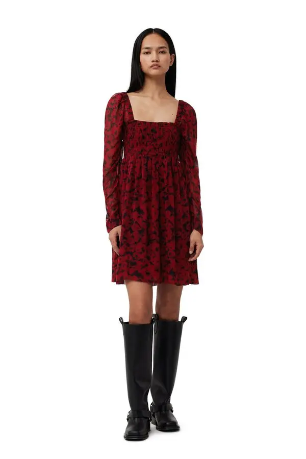 GANNI Printed Georgette Mini Dress - Syrah