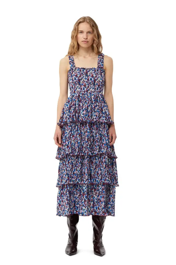 GANNI Pleated Georgette Flounce Smock Midi Dress - Multicolor