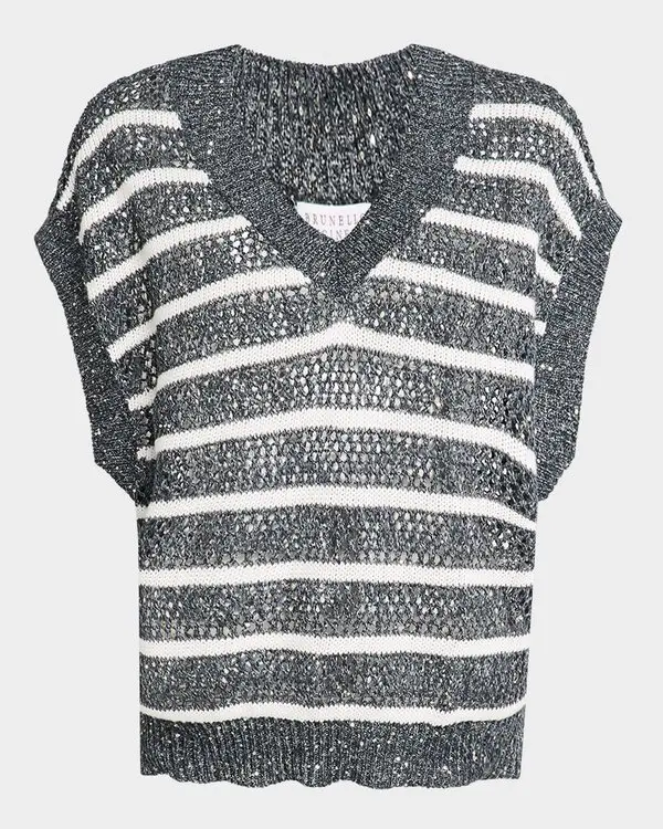 Brunello Cucinelli Striped Paillette Open-knit Sleeveless Sweater - Blue