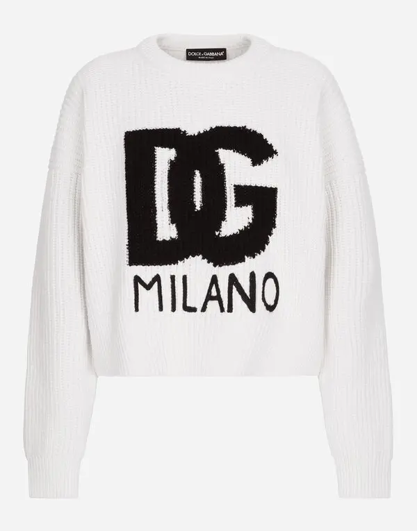 Dolce & Gabbana Ribbed Wool Sweater With Dg Logo - White