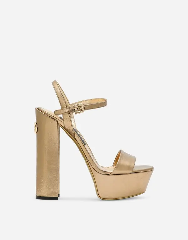 Dolce & Gabbana Foiled Craquelé Calfskin Platform Sandals - Gold