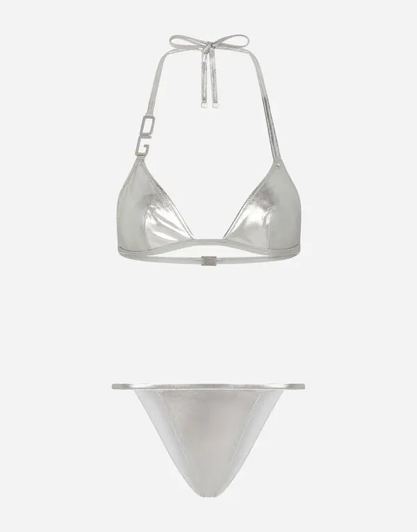 Dolce & Gabbana Triangle Bikini With Dg Logo - Silver