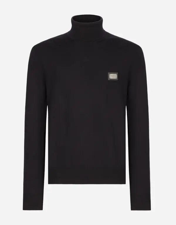 Dolce & Gabbana Wool Turtle-neck Sweater With Branded Tag - Blue
