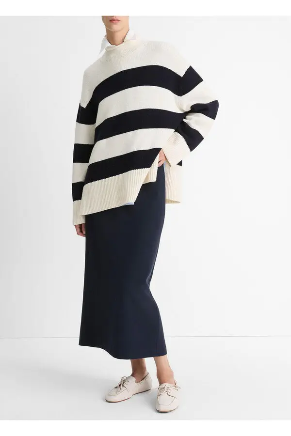 Vince Striped Wool-cotton Oversized Roll-neck Sweater - Blue