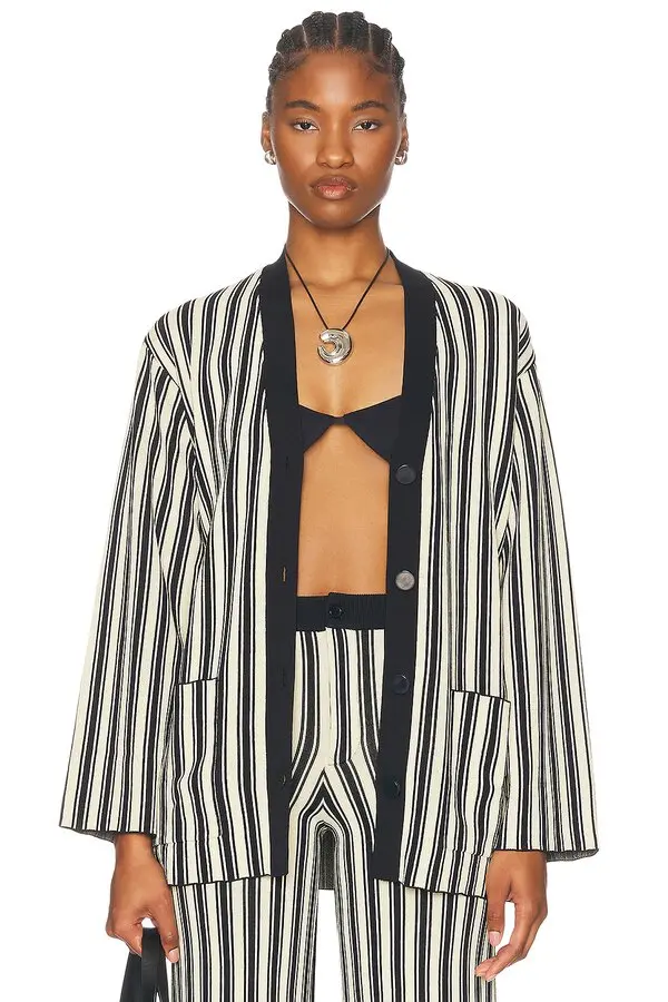 SIMONMILLER Max Belted Knit Cardigan - Black & Rice Flour Stripe