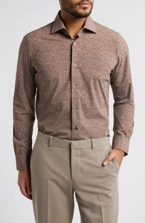 Zanella Jagged Heathered Herringbone Print Knit Nylon Blend Dress Shirt - Brown
