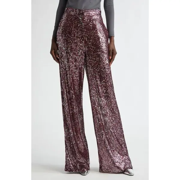 St. John Sequin Embroidered Wide Leg Pants - Oxblood