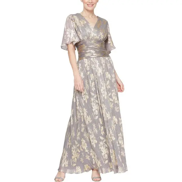 Sl Fashions Foil Print Faux Wrap Maxi Dress - Smoke/Gold | Editorialist