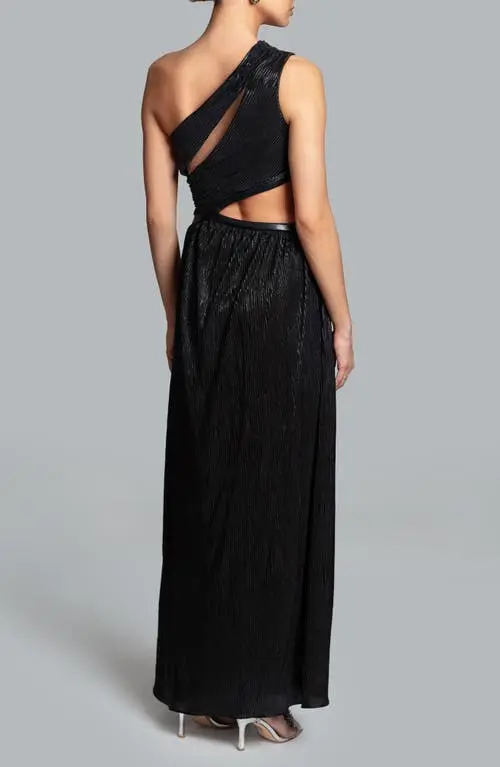 GHRAIL Chelsea Cutout One-shoulder Metallic Gown With Faux Leather Trim