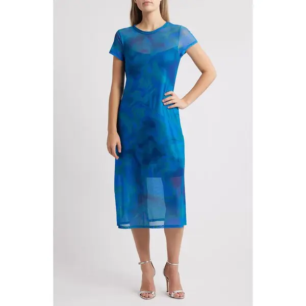 Chelsea28 Printed Mesh Midi Dress - Blue Multi