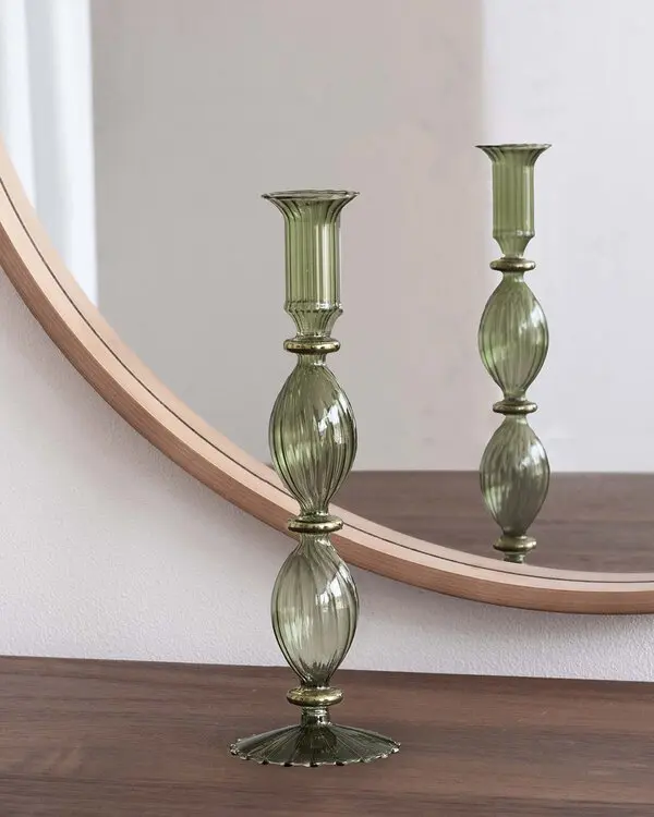 BEATRIZ BALL Glass Cambridge Beryl 10" Candlestick Holders, Set Of 2