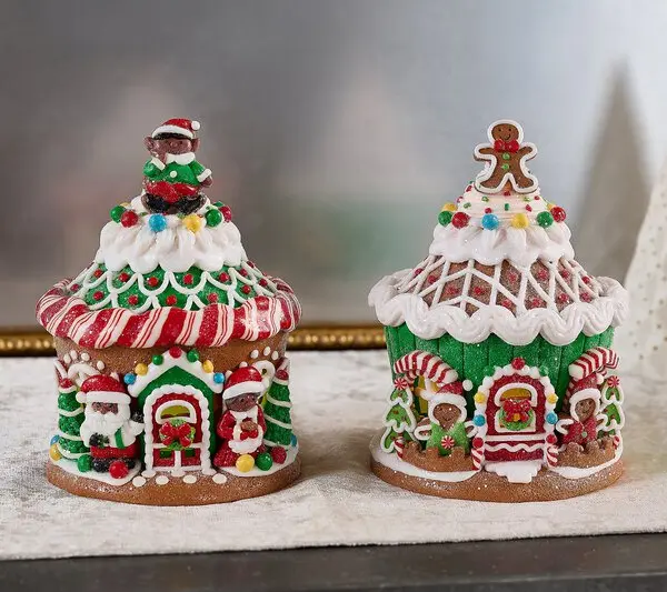 VALERIE PARR HILL As Is S/2 Illuminated Gingerbread Cupcake Cottages-valer