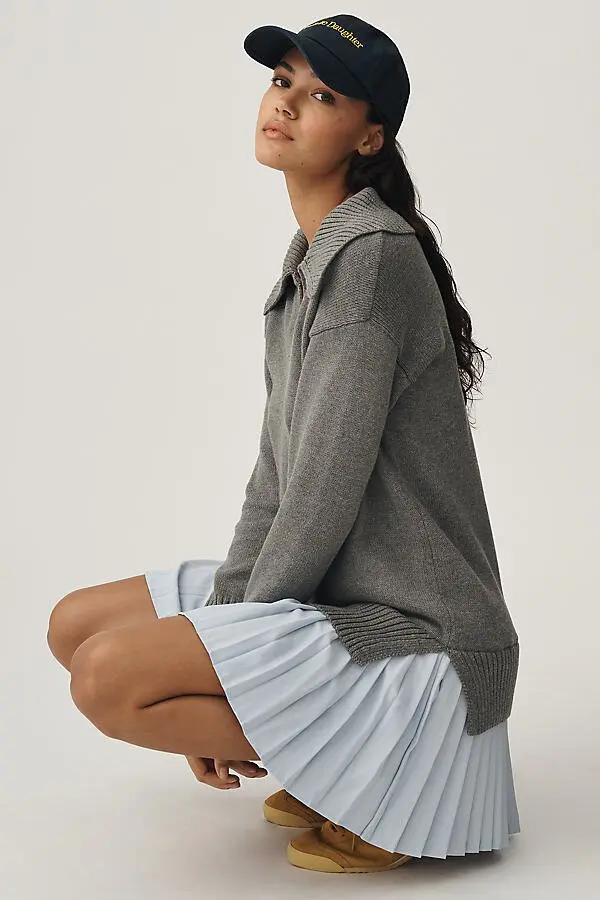English Factory Long-sleeve Polo Pleated Mini Dress - Grey