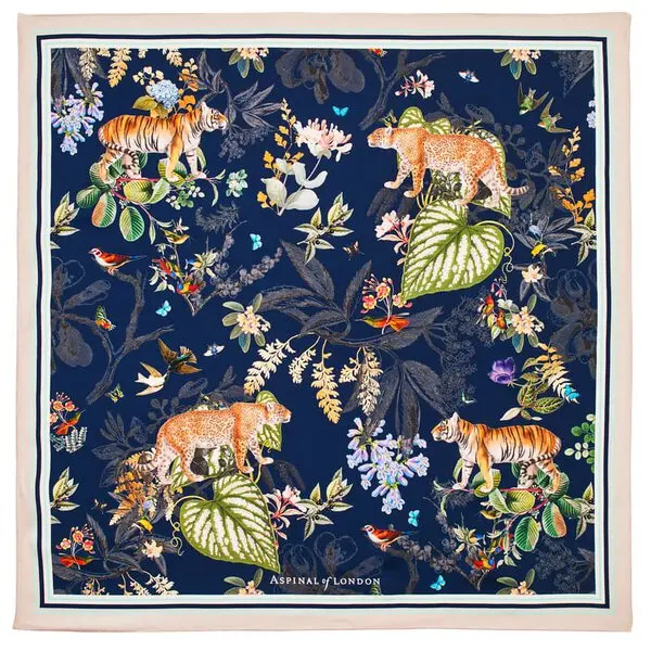 ASPINAL OF LONDON Tigers & Leopards Silk Scarf In Pure Silk - Navy