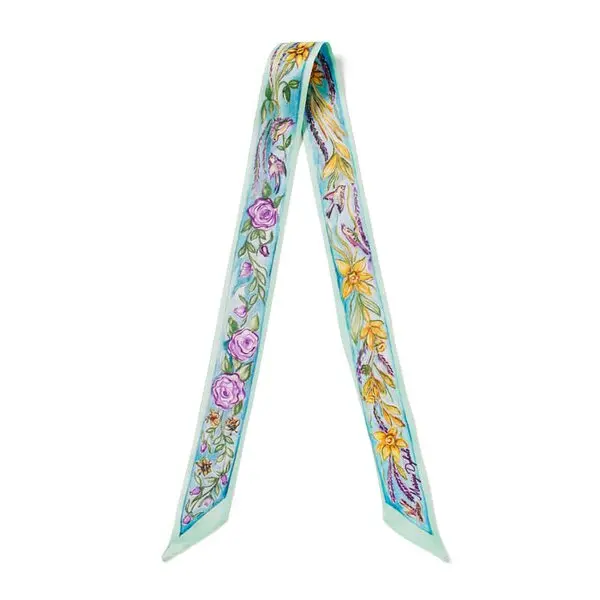 ASPINAL OF LONDON Rose Skinny Silk Scarf In Mint Floral Pure Silk - Green