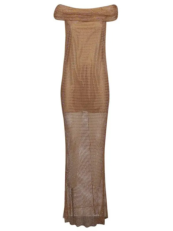 Self-Portrait Embellished Off-Shoulder Fishnet Maxi Dress - Beige - 38% ...