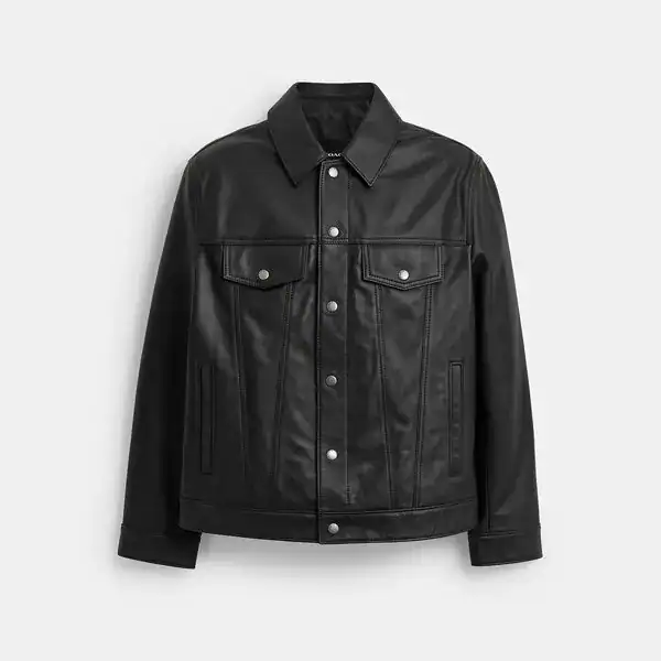 ジャケット・アウター COACH LEATHER Trucker Jacket L CM795 Coach Regenerative Leather Trucker Jacket In Black - 50% Off
