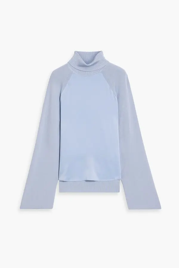 Simkhai Mateo Satin-paneled Knitted Turtleneck Sweater - Light Blue