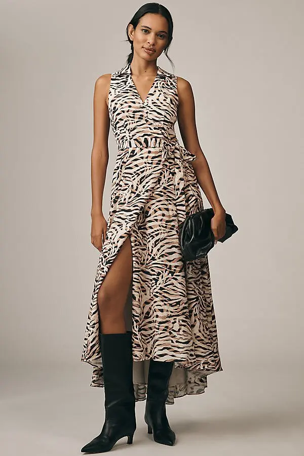HUTCH Sleeveless Collared Wrap Midi Dress - Brown Pattern