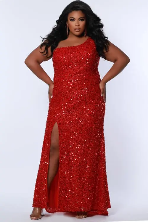 SYDNEY'S CLOSET One-shoulder Sequin Gown - Ruby
