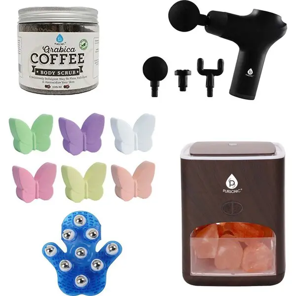 PURSONIC At-home Spa Essentials Coffee Scrub, Himalayan Salt Lamp Diffuser, Massage Gun, Bath Bombs