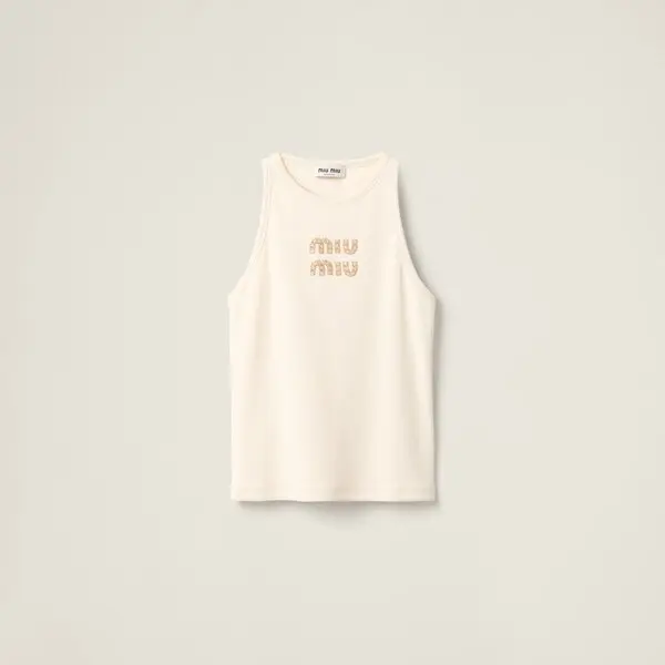 Miu Miu Ribbed Jersey Top With Embroidered Logo