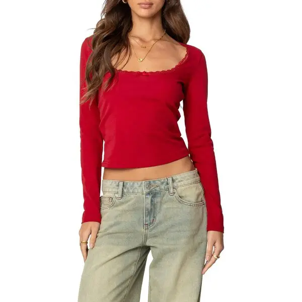 EDIKTED Mora Lace Trim Knit Top - Red