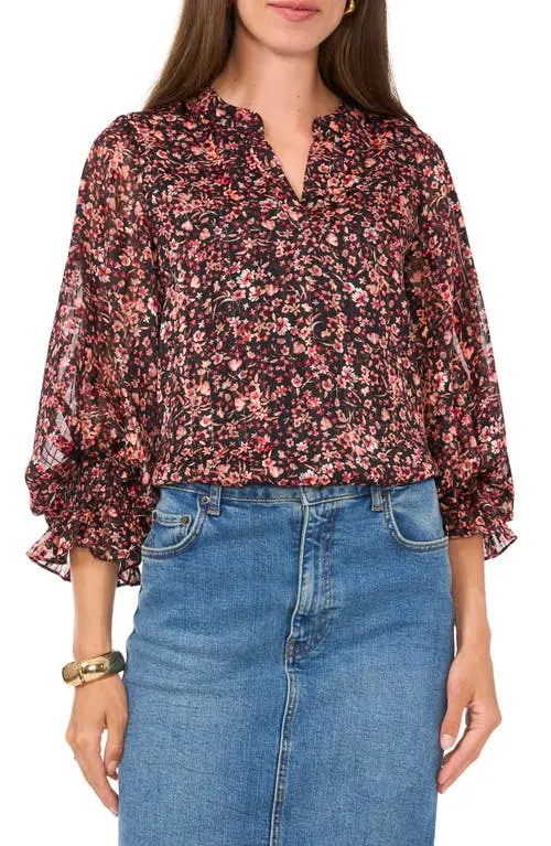 Vince Camuto Floral Metallic Top - Rich Black/red