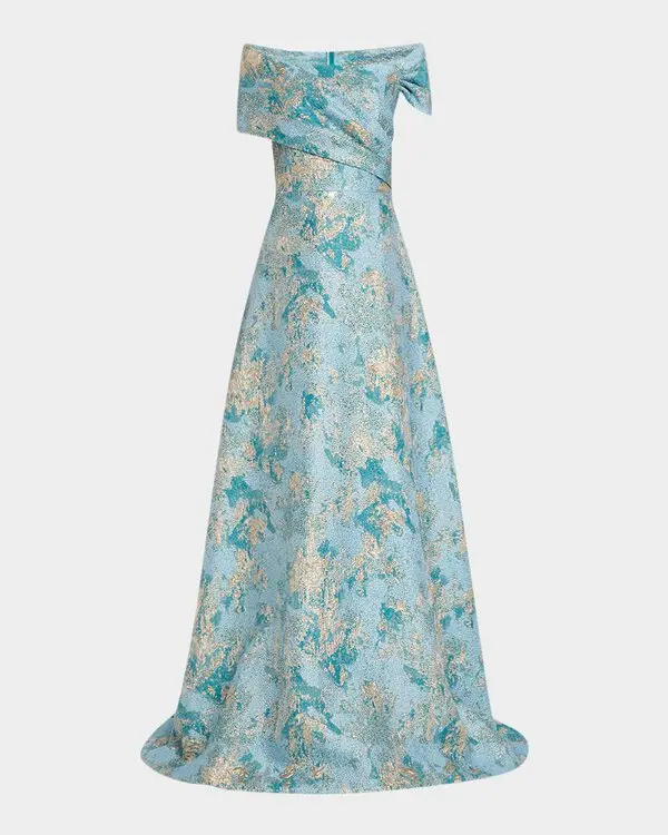 Rickie Freeman For Teri Jon Off-shoulder Jacquard Gown - Aqua Multi