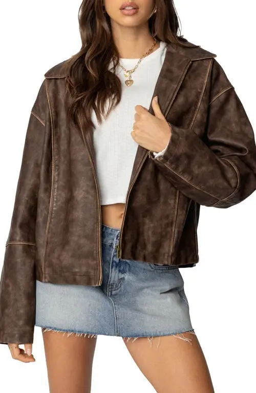 EDIKTED Oversized Faux Leather Jacket - Brown-washed