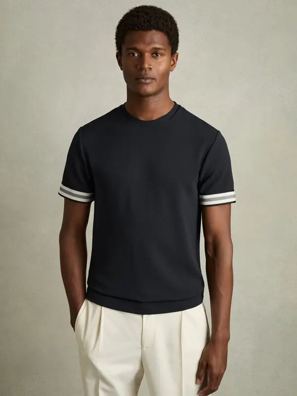 REISS Emmerson Tape-cuff Textured T-shirt - Navy