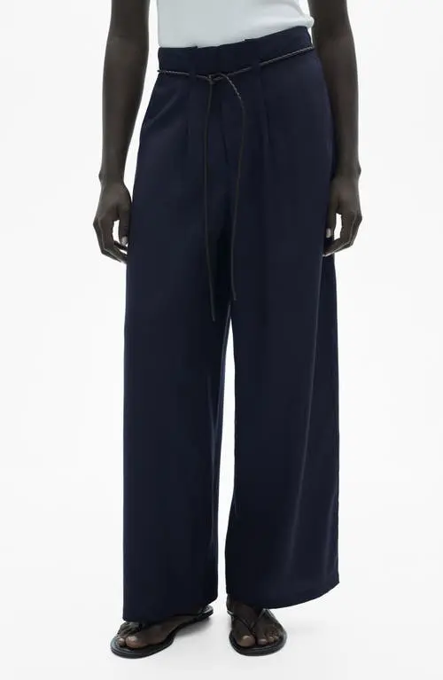 Mango Pleated Wide Leg Trousers - Dark Navy