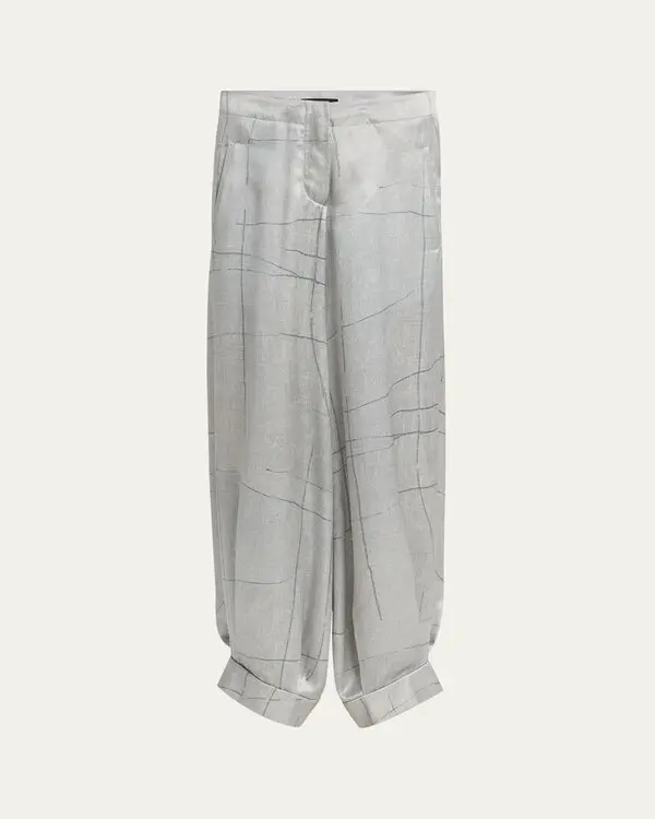 Giorgio Armani Check Cuffed Wide Leg Silk Trousers