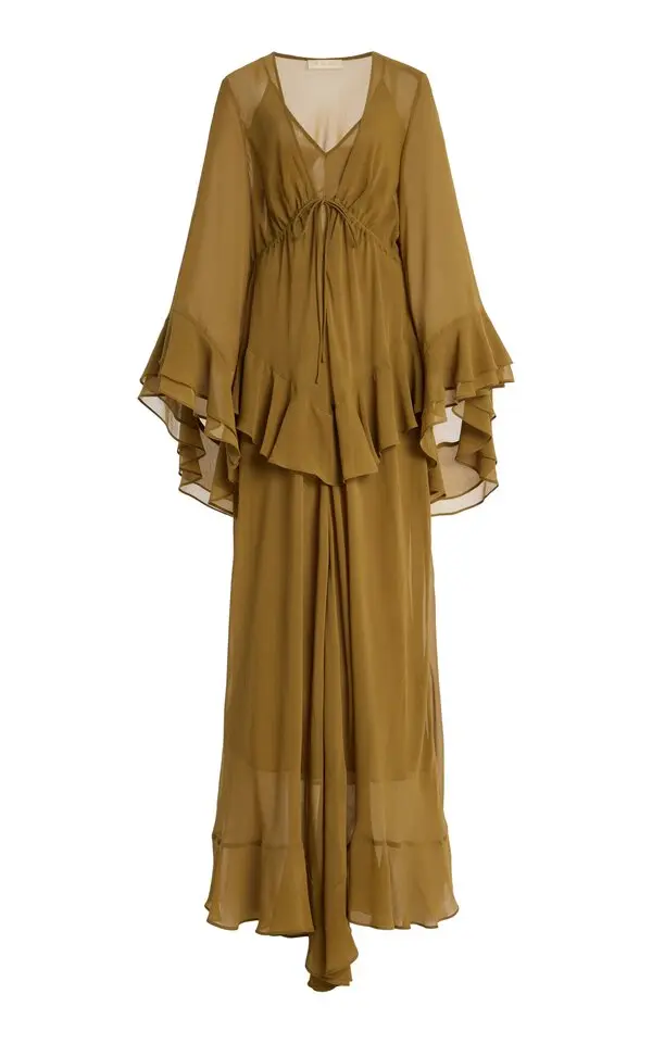 DE LA VALI Calypso Ruffled Georgette Maxi Dress - Olive