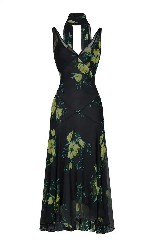 de La Vali Mistica Floral-print Silk-chiffon Midi Dress - Black