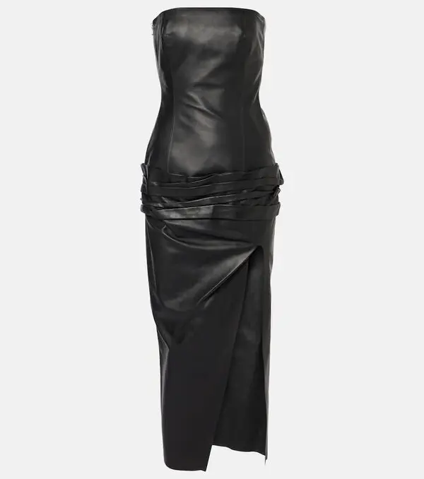 Attico Draped Strapless Leather Midi Dress