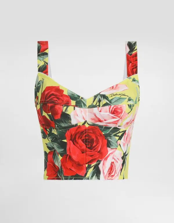 Dolce & Gabbana Cotton Poplin Corset Top With Bouquet - Print