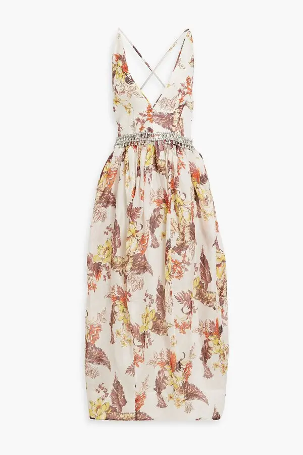 Zimmermann Crystal-embellished Printed Linen And Silk-blend Midi Dress