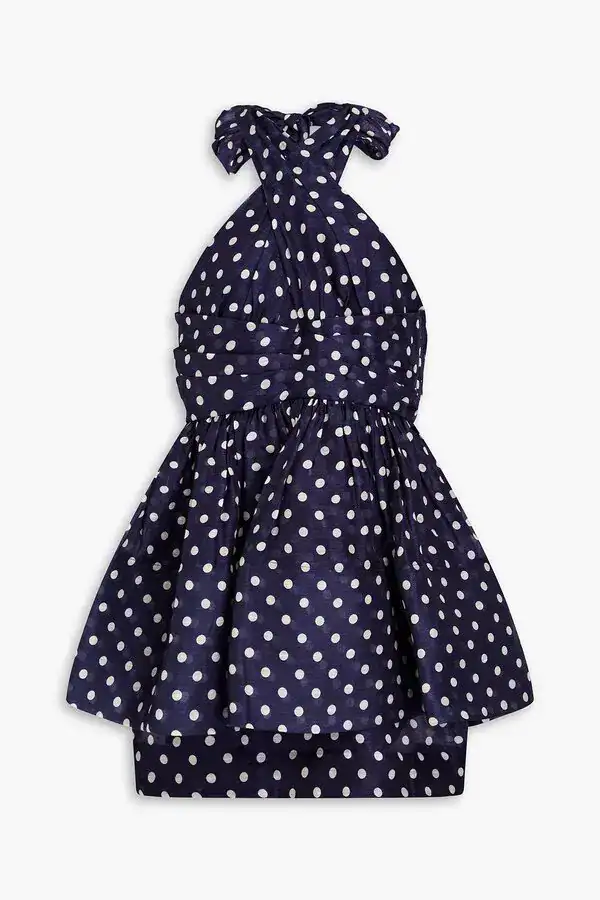 Zimmermann Polkadot Linen And Silk-Blend Peplum Mini Halter Dress In Navy -  70% Off | Editorialist