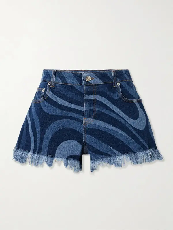 Emilio Pucci Marmo Frayed Printed Denim Shorts - Blue