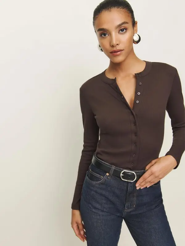 REFORMATION Hugh Knit Henley Top - Mole