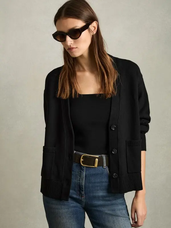 REISS Harper Chunky Knitted Cardigan - Black