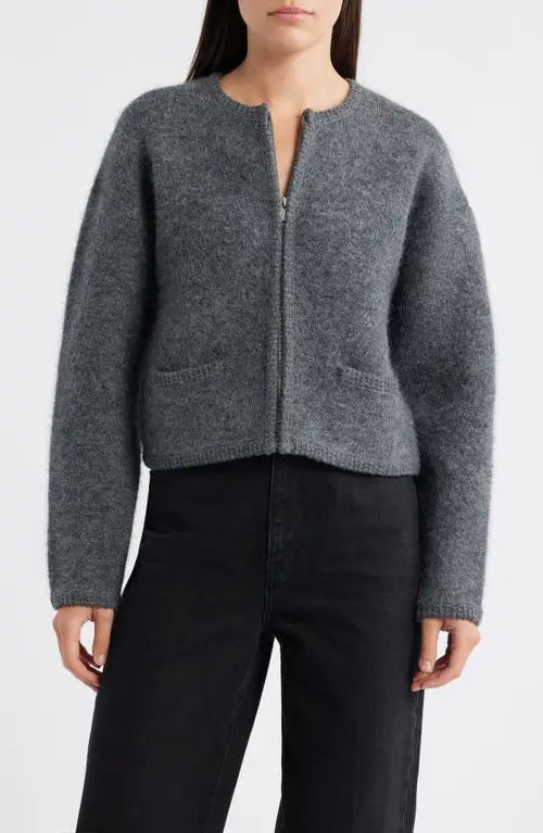 FRAME Lofty Crochet Detail Wool & Cashmere Zip Cardigan - Dark Heather Grey