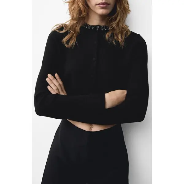 Mango Rhinestone Collar Cropped Cardigan