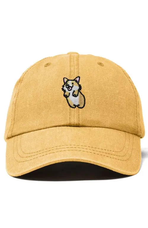 DALIX Leaping Corgi Embroidered Cap - Washed Gold