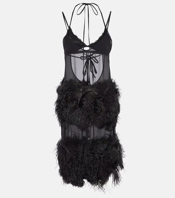 Attico Sheer Feather-trimmed Midi Dress